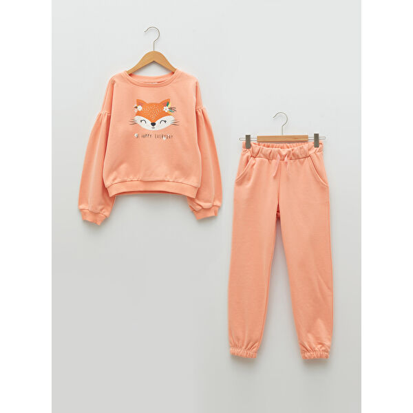 Bisiklet Yaka Baskılı Uzun Kollu Oversize Kız Çocuk Sweatshirt ve Eşofman Altı