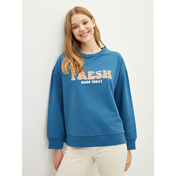 Bisiklet Yaka Yazı Baskılı Uzun Kollu Kadın Sweatshirt