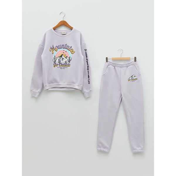 Bisiklet Yaka Baskılı Uzun Kollu Oversize Kız Çocuk Sweatshirt ve Eşofman Altı Bisiklet Yaka Baskılı Uzun Kollu Oversize Kız Çocuk Sweatshirt ve Eşofman Altı