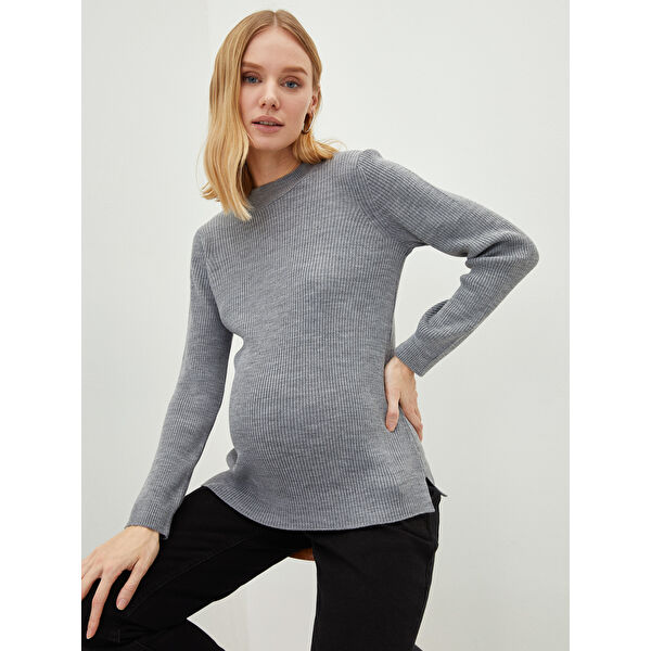 Bisiklet Yaka Düz Uzun Kollu Hamile Triko Kazak