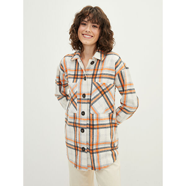Önden Düğme Kapamalı Ekose Uzun Kollu Gabardin Kumaş Kadın Oduncu Gömlek