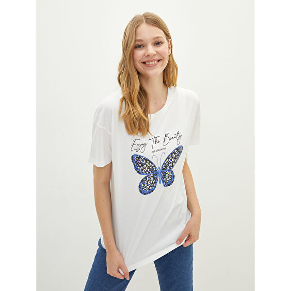 Bisiklet Yaka Baskılı Kısa Kollu Pamuklu Kadın Tişört