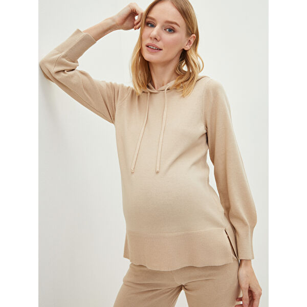 Kapüşonlu Düz Uzun Kollu Hamile Triko Kazak