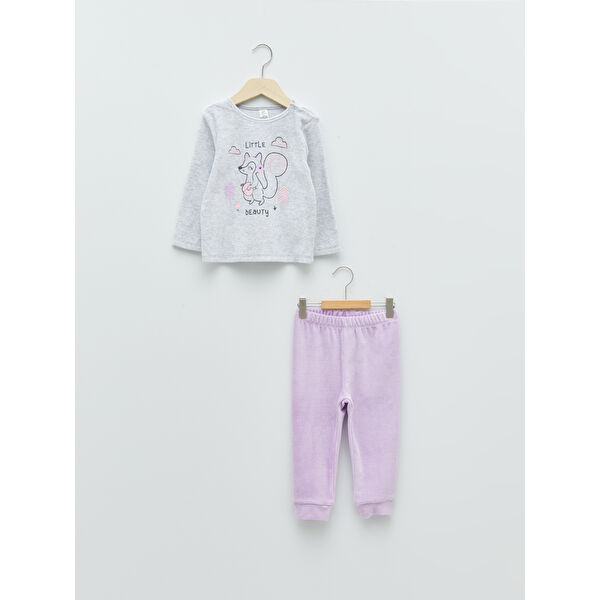 Bisiklet Yaka Uzun Kollu Baskılı Kadife Kız Bebek Pijama Takımı 2'li
