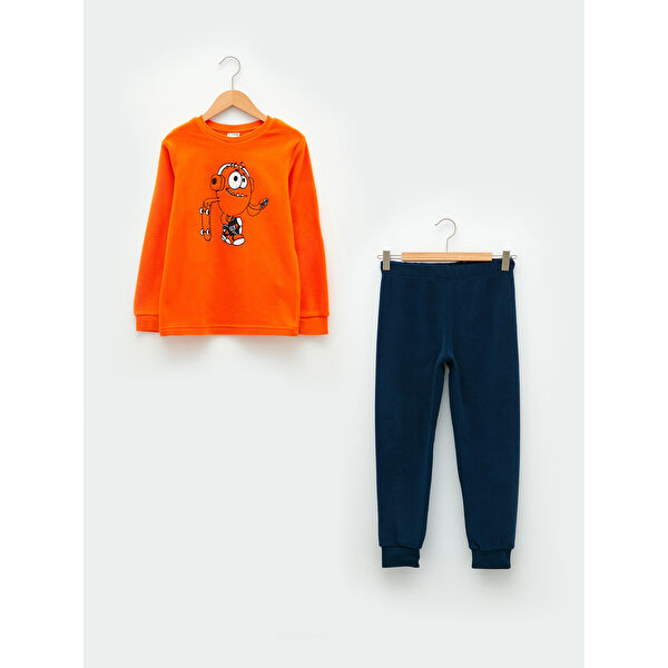 Bisiklet Yaka Nakış Detaylı Uzun Kollu Polar Erkek Çocuk Sweatshirt ve Eşofman Altı