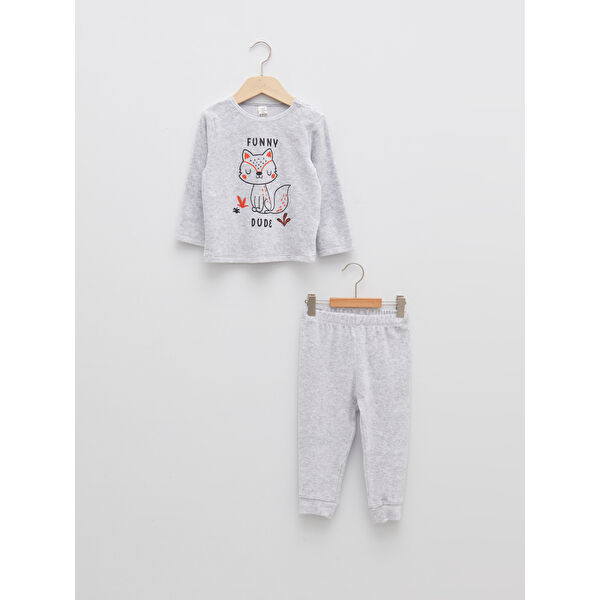 Bisiklet Yaka Uzun Kollu Baskılı Kadife Erkek Bebek Pijama Takımı 2'li