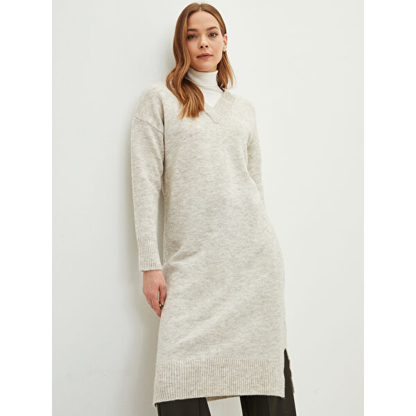 V Yaka Düz Uzun Kollu Kadın Triko Tunik