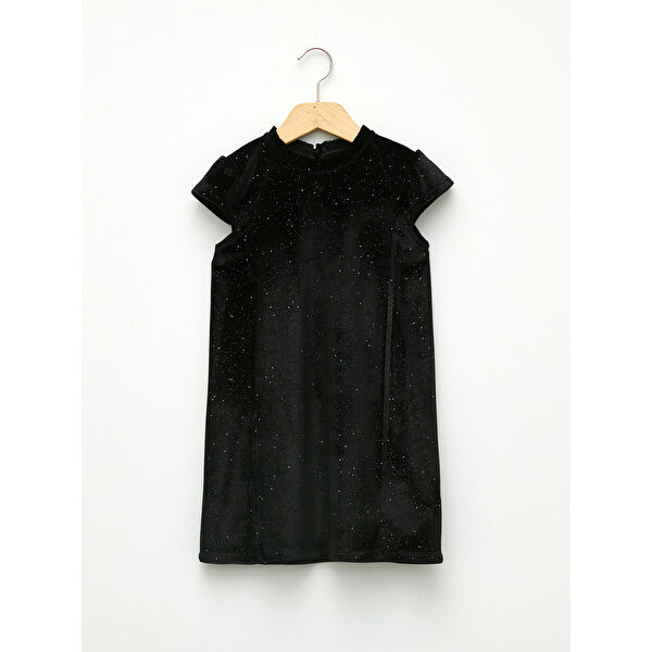 Dik Yaka Kısa Kollu Işıltılı Kadife Kız Çocuk Elbise