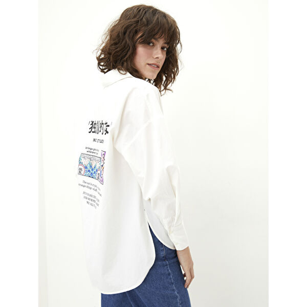 Önden Düğme Kapamalı Baskılı Uzun Kollu Poplin Kadın Tunik Önden Düğme Kapamalı Baskılı Uzun Kollu Poplin Kadın Tunik