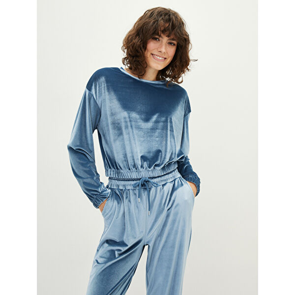 Bisiklet Yaka Düz Uzun Kollu Kadife Kadın Sweatshirt