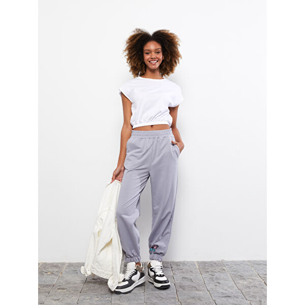 Beli Lastikli Baskılı Kadın Jogger Eşofman Altı