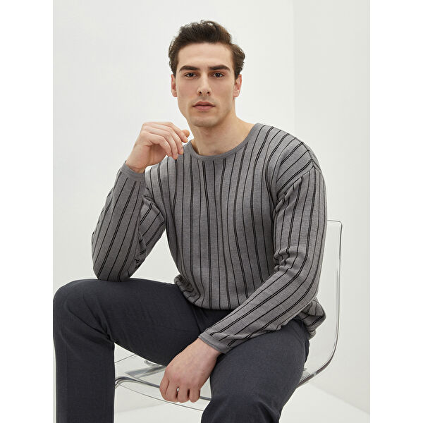 Bisiklet Yaka Uzun Kollu Çizgili Erkek Triko Kazak