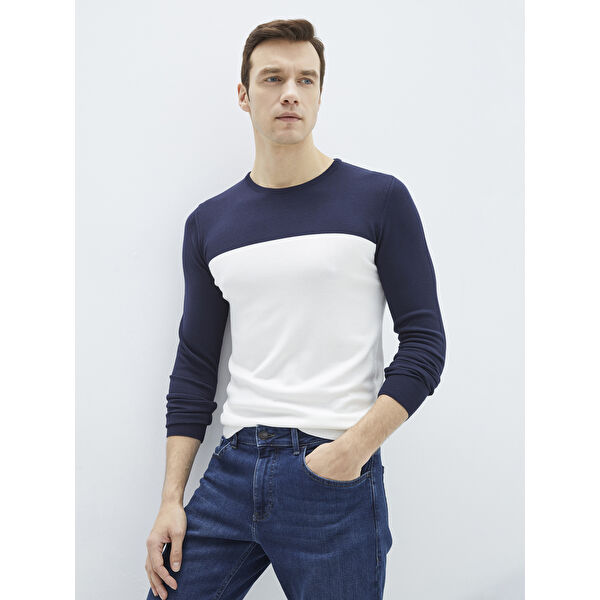 LCW CLASSIC Bisiklet Yaka Uzun Kollu Renk Bloklu İnce Erkek Triko Kazak