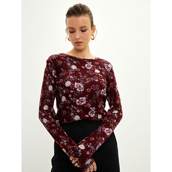 Bisiklet Yaka Çiçekli Uzun Kollu Kadın Tişört