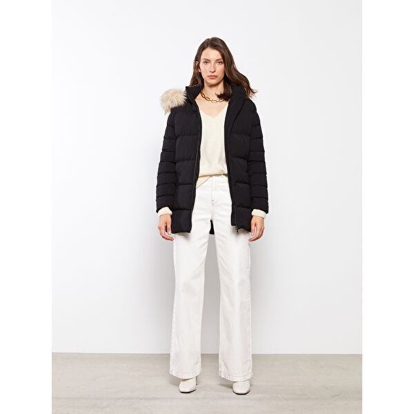 LCW CLASSIC Kapüşonlu Düz Uzun Kollu Kadın Şişme Mont