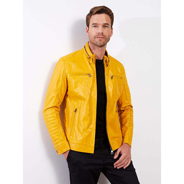 Standart Kalıp Biker Yaka Erkek Deri Mont Standart Kalıp Biker Yaka Erkek Deri Mont