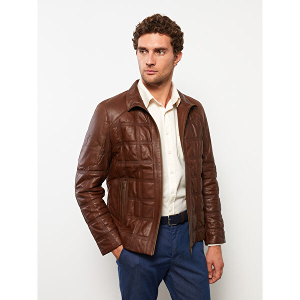 Standart Kalıp Dik Yaka Erkek Deri Mont