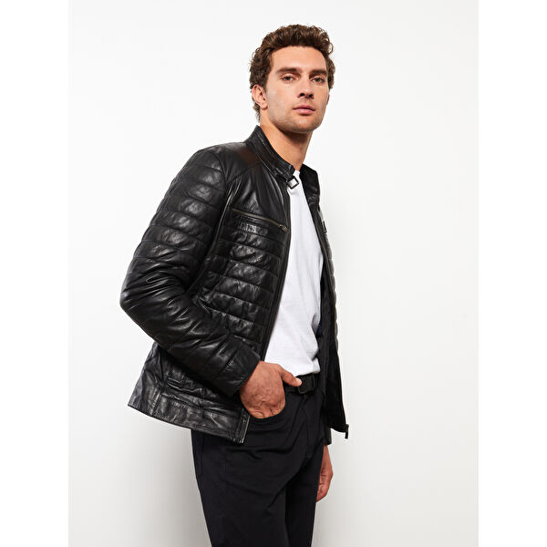 Standart Kalıp Biker Yaka Erkek Deri Mont Standart Kalıp Biker Yaka Erkek Deri Mont