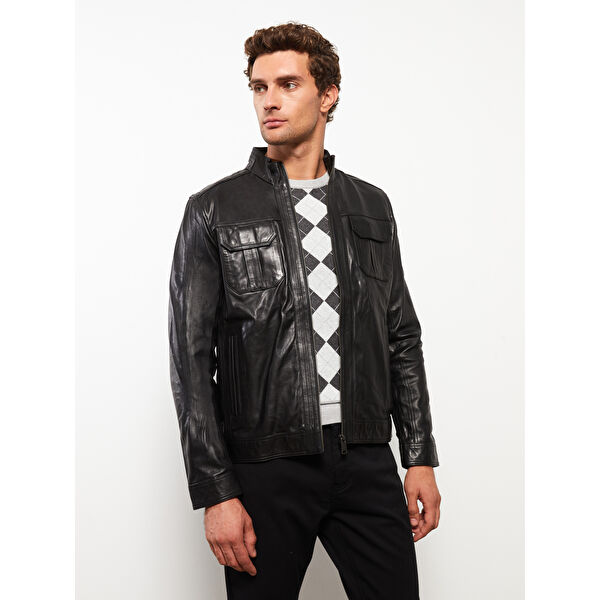 Standart Kalıp Dik Yaka Erkek Deri Mont Standart Kalıp Dik Yaka Erkek Deri Mont