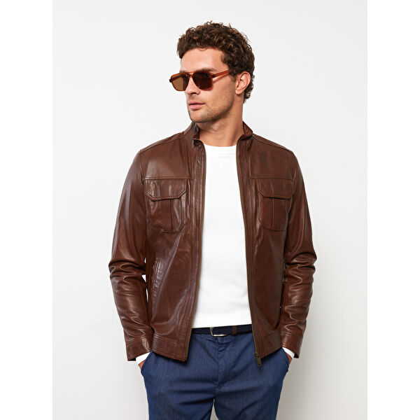 Standart Kalıp Dik Yaka Erkek Deri Mont