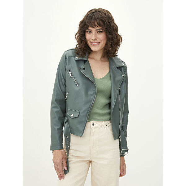 LCW CASUAL Biker Yaka Cep Detaylı Uzun Kollu İnce Kadın Deri Görünümlü Mont