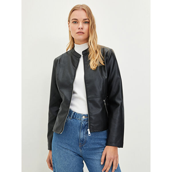 LCW CLASSIC Dik Yaka Düz Uzun Kollu Cep Detaylı İnce Kadın Deri Görünümlü Mont