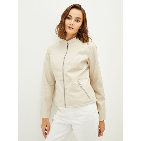 LCW CLASSIC Dik Yaka Düz Uzun Kollu Cep Detaylı İnce Kadın Deri Görünümlü Mont