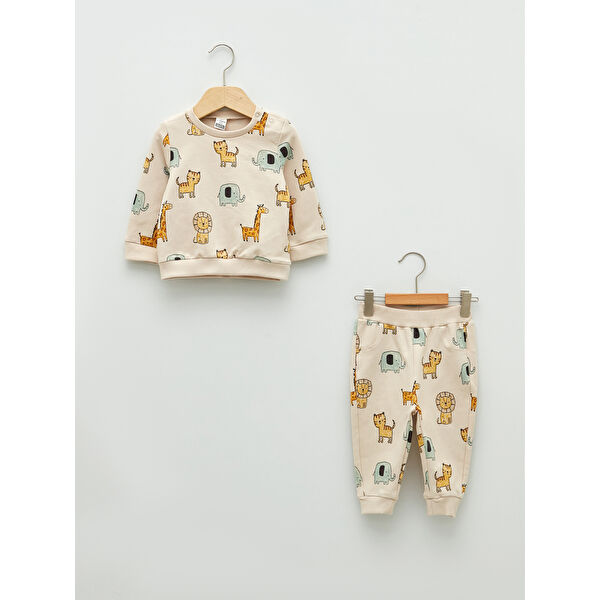 Bisiklet Yaka Uzun Kollu Desenli Erkek Bebek Sweatshirt ve Pantolon 2'li Takım