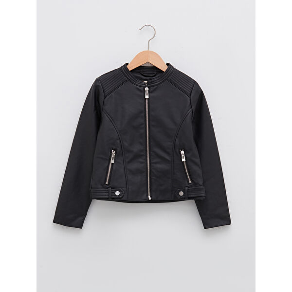 Bisiklet Yaka Uzun Kollu Kız Çocuk Deri Görünümlü Mont