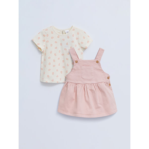 Bisiklet Yaka Kısa Kollu Baskılı Pamuklu Kız Bebek Tişört ve Salopet Elbise 2'li Takım
