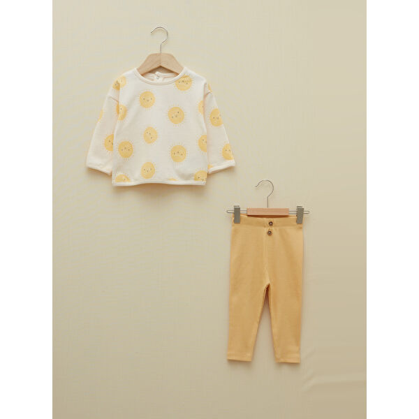 Bisiklet Yaka Uzun Kollu Baskılı Organik Pamuklu Erkek Bebek Sweatshirt ve Tayt 2'li Takım