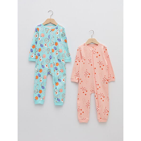 Bisiklet Yaka Uzun Kollu Baskılı Kız Bebek Fermuarlı Tulum 2'li