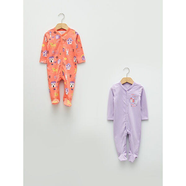 V Yaka Uzun Kollu Baskılı Pamuklu Kız Bebek Tulum 2'li