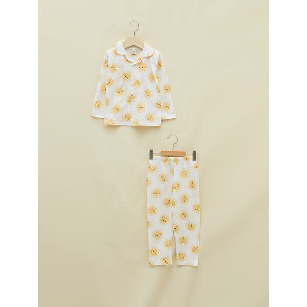 Polo Yaka Uzun Kollu Baskılı Organik Pamuklu Kız Bebek Pijama Takımı 2'li Takım