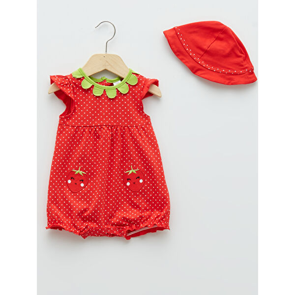 Bisiklet Yaka Kısa Kollu Baskılı Kız Bebek Tulum ve Şapka 2'li Takım