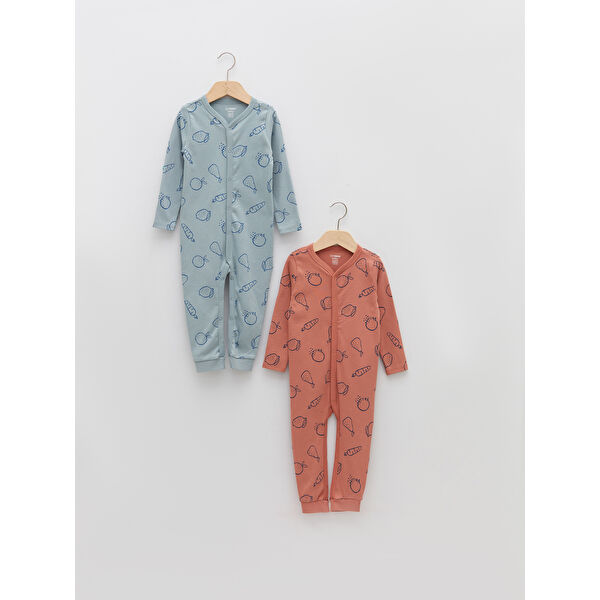 V Yaka Uzun Kollu Baskılı Pamuklu Erkek Bebek Tulum 2'li