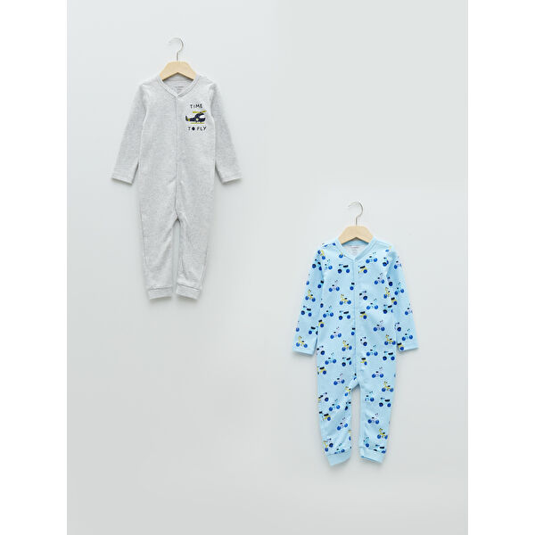 V Yaka Uzun Kollu Pamuklu Baskılı Erkek Bebek Tulum 2'li