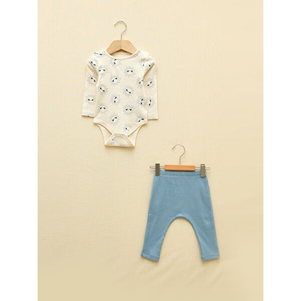 Bisiklet Yaka Uzun Kollu Organik Pamuklu Erkek Bebek Çıtçıtlı Body ve Pantolon 2'li Takım