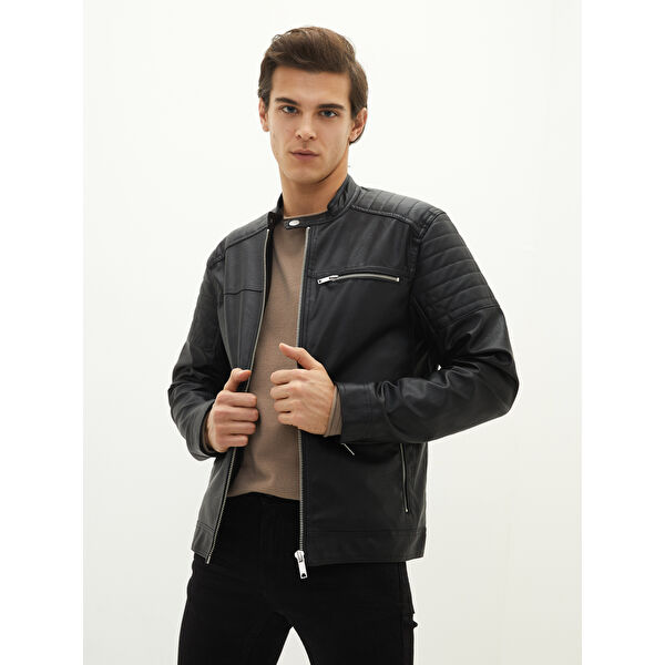 Slim Fit Biker Yaka Erkek Deri Görünümlü Mont Slim Fit Biker Yaka Erkek Deri Görünümlü Mont