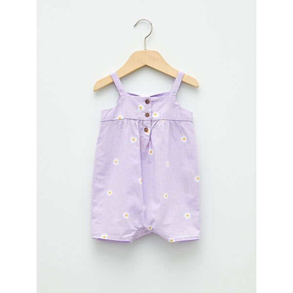 Kare Yaka Askılı Baskılı Pamuklu Kız Bebek Tulum