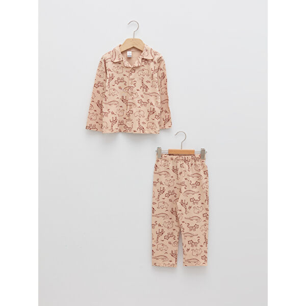 Polo Yaka Uzun Kollu Baskılı Pamuklu Erkek Bebek Pijama Takımı 2'li