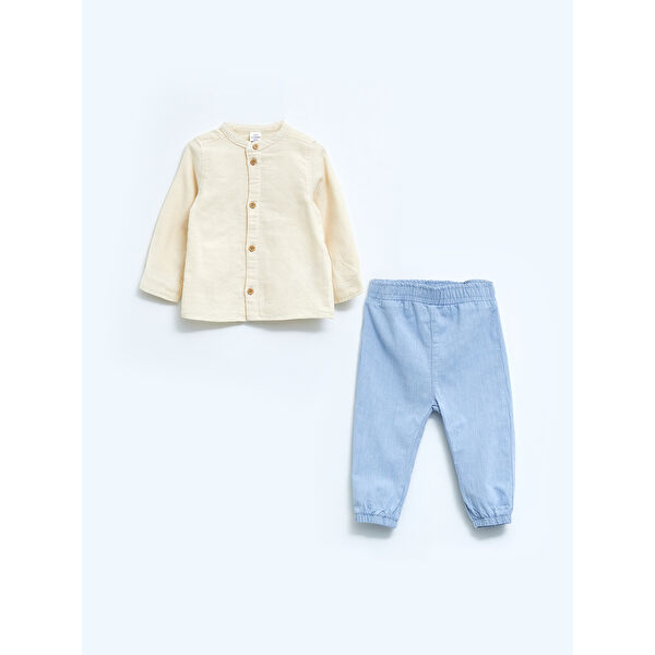Hakim Yaka Uzun Kollu Basic Pamuklu Erkek Bebek Gömlek ve Pantolon 2'li Takım