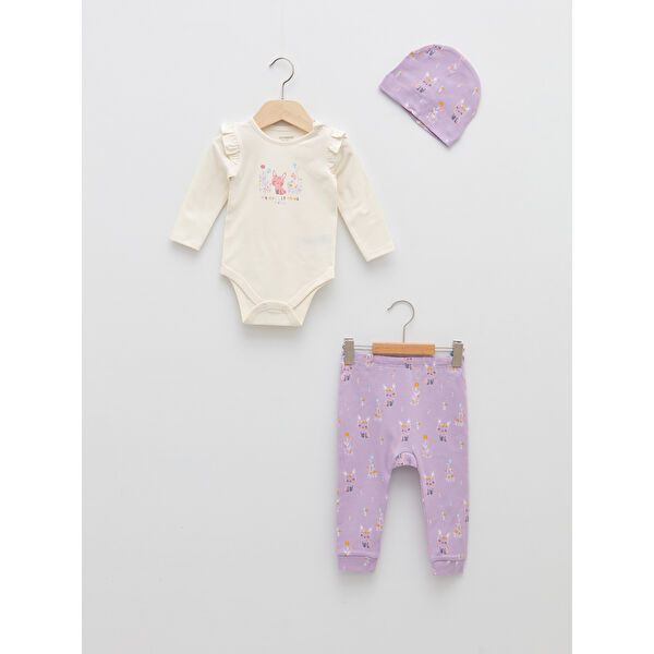 Bisiklet Yaka Uzun Kollu Baskılı Bebek Çıtçıtlı Body Pantolon ve Bere 3'lü Takım