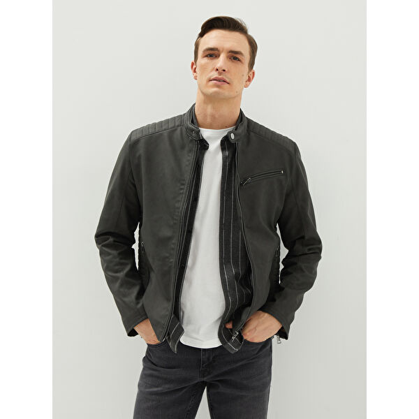 Slim Fit Biker Yaka Erkek Deri Görünümlü Mont Slim Fit Biker Yaka Erkek Deri Görünümlü Mont