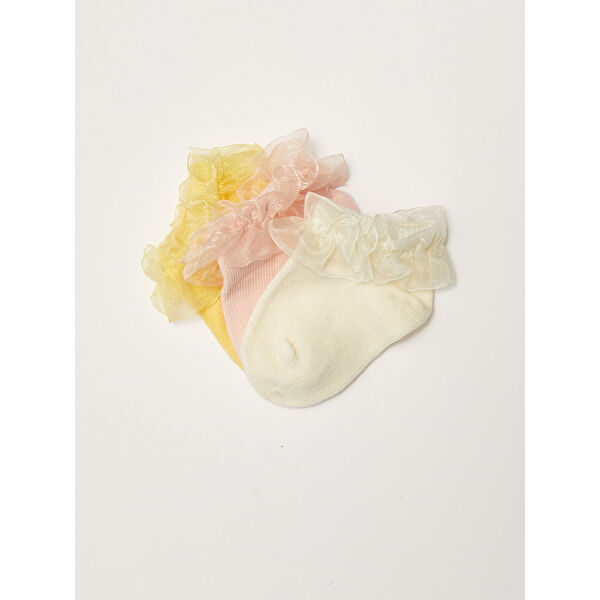 Fırfır Detaylı Kız Bebek Patik Çorap 3'lü