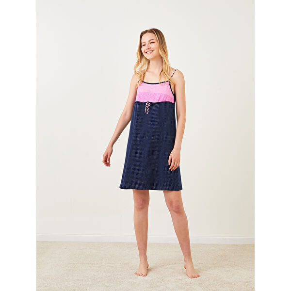 U Yaka Askılı Renk Bloklu Kadın Gecelik