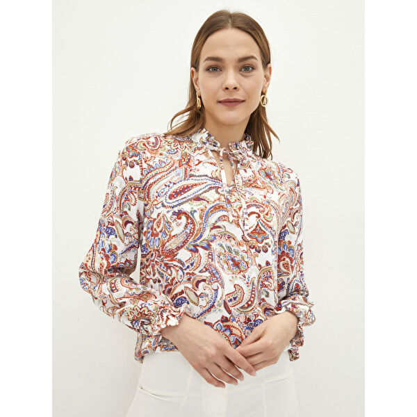 LCW CLASSIC Fırfırlı Bağlamalı Yaka Çiçekli Uzun Kollu Viskon Kadın Bluz