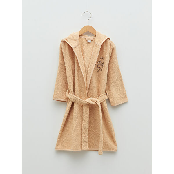 Kapüşonlu Uzun Kollu Winnie the Pooh Nakış Detaylı Erkek Bebek Bornoz