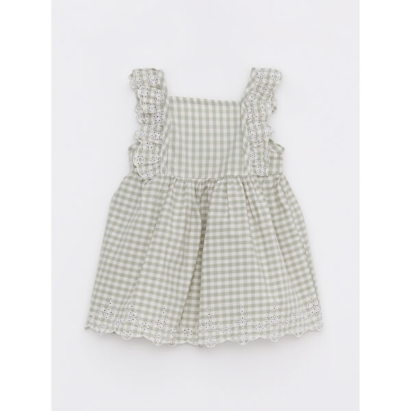 Kare Yaka Ekose Desenli Pamuklu Kız Bebek Elbise