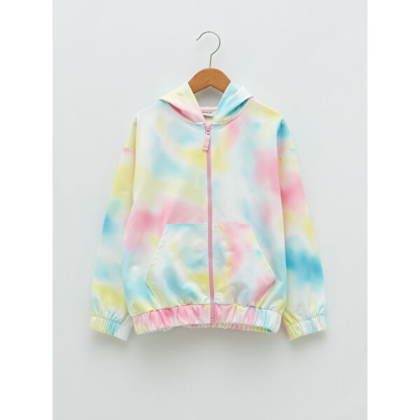 Kapüşonlu Batik Desenli Uzun Kollu Kız Çocuk Fermuarlı Sweatshirt